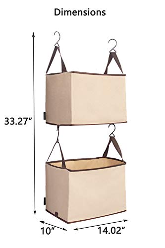 STORAGE MANIAC 2-Shelf Hanging Closet Organizer, Cloth Hanging Closet Shelf, Canvas Hanging Closet Basket with Hooks for Dorm, Apt, Bedroom, College, Garment Rack, Wardrobe, Fabric