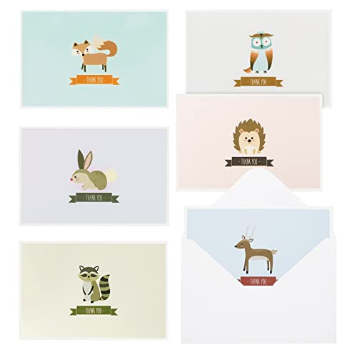 Best Paper Greetings 48 Pack Funny Woodland Animal Thank You Cards with Envelopes for Baby Shower, Kids, All Occasion (6 Cute Designs, 4x6 In)