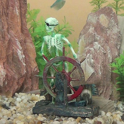 Bestgle Aquarium Decor Ornament Air-Driven Active Skeleton Pirate Captain for Fish Tank Decoration