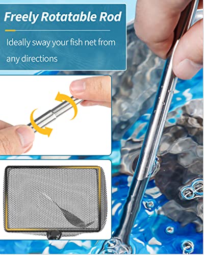 Pawfly 4 Inch Aquarium Fish Net with Telescopic Stainless Steel Handle Small Square Net with Soft Fine Mesh Sludge Food Residue Wastes Skimming Cleaning Net for Fish Tanks Small Koi Ponds and Pools