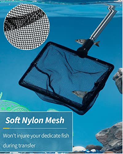 Pawfly 4 Inch Aquarium Fish Net with Telescopic Stainless Steel Handle Small Square Net with Soft Fine Mesh Sludge Food Residue Wastes Skimming Cleaning Net for Fish Tanks Small Koi Ponds and Pools