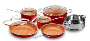 gotham steel 10-piece kitchen set with non-stick ti-cerama coating by chef daniel green - includes skillets, fry pans, stock pots and steamer insert – red