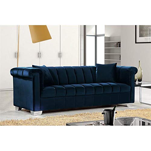 Meridian Furniture Kayla Collection Modern | Contemporary Velvet Upholstered Sofa with Deep Channel Tufting and Custom Chrome Legs, Navy, 90" W x 37" D x 31" H