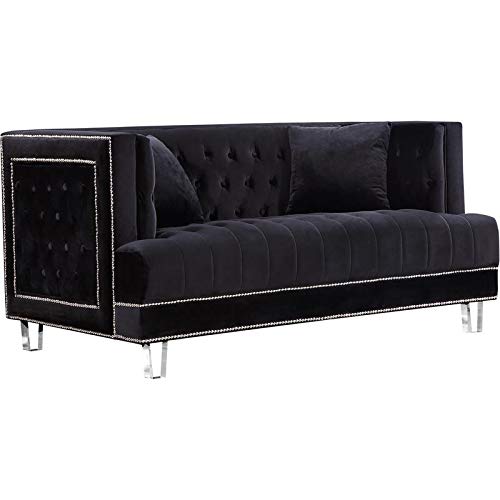 Meridian Furniture Lucas Collection Modern | Contemporary Velvet Upholstered Loveseat with Silver Nailheads and Acrylic Legs, Black, 64" W x 35.5" D x 31.5" H