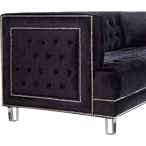 Meridian Furniture Lucas Collection Modern | Contemporary Velvet Upholstered Loveseat with Silver Nailheads and Acrylic Legs, Black, 64" W x 35.5" D x 31.5" H