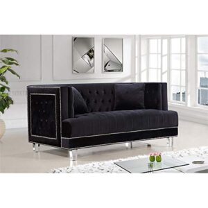 Meridian Furniture Lucas Collection Modern | Contemporary Velvet Upholstered Loveseat with Silver Nailheads and Acrylic Legs, Black, 64" W x 35.5" D x 31.5" H