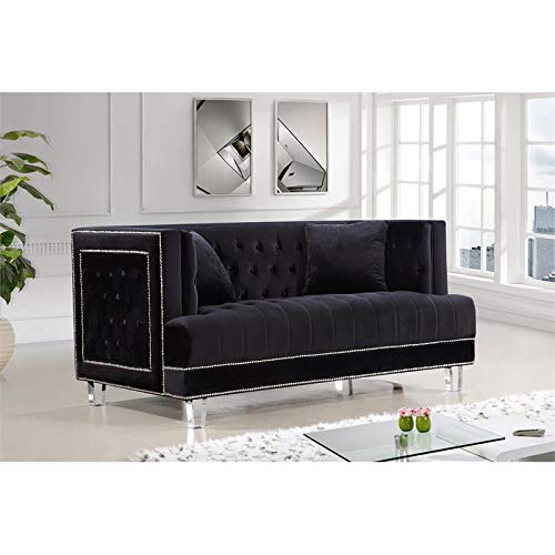 Meridian Furniture Lucas Collection Modern | Contemporary Velvet Upholstered Loveseat with Silver Nailheads and Acrylic Legs, Black, 64" W x 35.5" D x 31.5" H