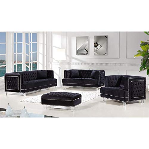 Meridian Furniture Lucas Collection Modern | Contemporary Velvet Upholstered Loveseat with Silver Nailheads and Acrylic Legs, Black, 64" W x 35.5" D x 31.5" H