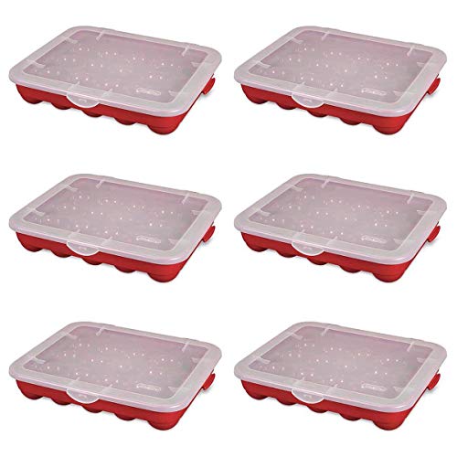 Sterilite 20 Compartment Christmas Holiday Ornament Container Box Home Decor Stackable Storage Case, Red Base with Clear Lid (6 Pack)