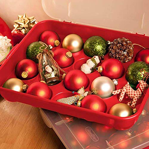 Sterilite 20 Compartment Christmas Holiday Ornament Container Box Home Decor Stackable Storage Case, Red Base with Clear Lid (6 Pack)