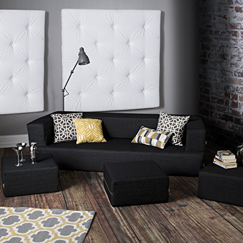 Jaxx Zipline Denim Convertible Sleeper Sofa & Ottomans, Black