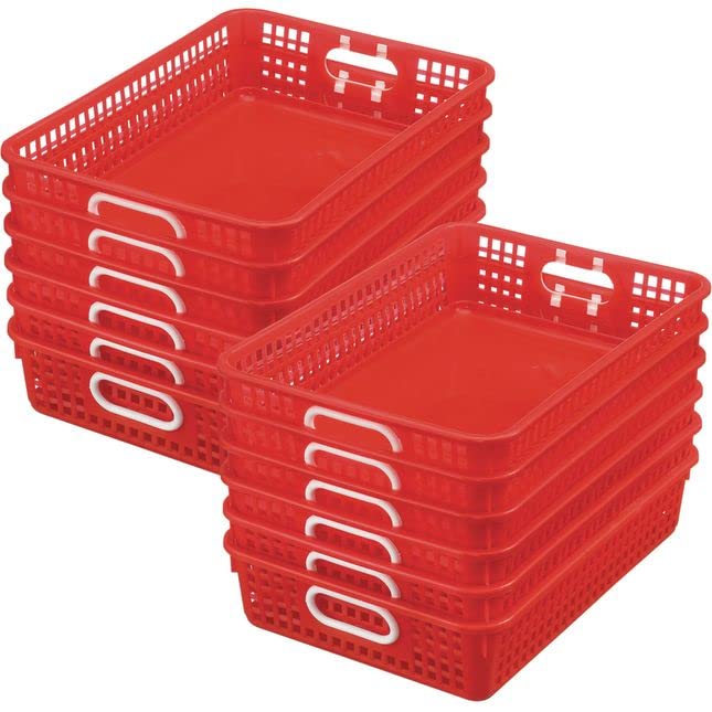 Really Good Stuff Plastic Desktop Paper Storage Baskets for Classroom or Home Use – 14”x10” Plastic Mesh Baskets Keep Papers Crease-Free and Secure – Red Baskets With White Handles (Set of 12)