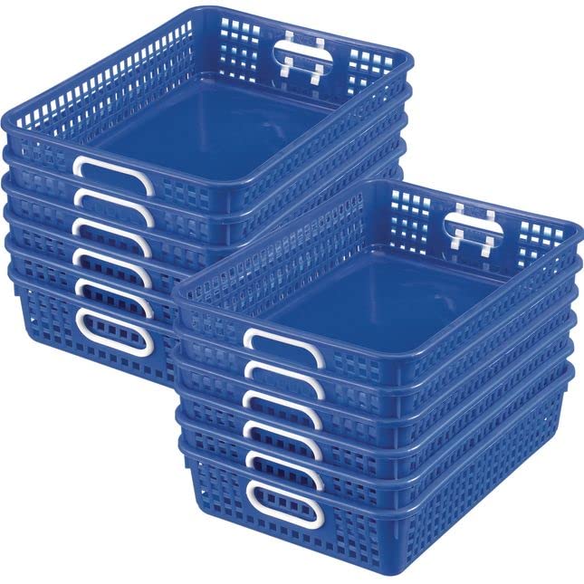 Really Good Stuff Plastic Desktop Paper Storage Baskets for Classroom or Home Use – 14”x10” Plastic Mesh Baskets Keep Papers Crease-Free and Secure – Blue Baskets With White Handles (Set of 12)