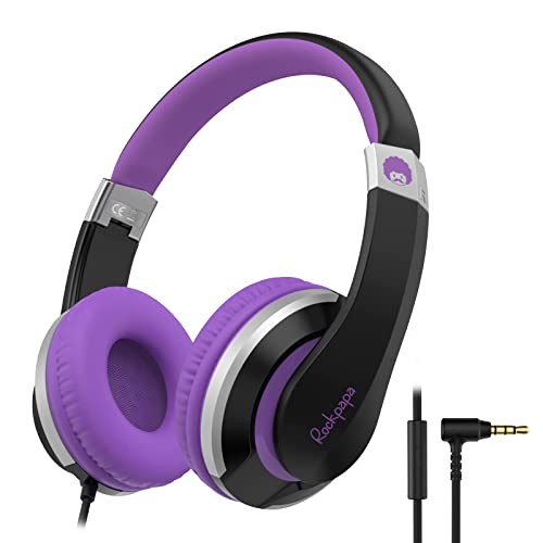 rockpapa I20 Foldable Kids Headphones with Microphone for School, Wired On-Ear Boys Girls Childrens Students Headphones Plug in for Tavel Laptop Computer PC Tablet CD DVD TV Black Purple