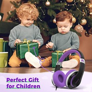 rockpapa I20 Foldable Kids Headphones with Microphone for School, Wired On-Ear Boys Girls Childrens Students Headphones Plug in for Tavel Laptop Computer PC Tablet CD DVD TV Black Purple