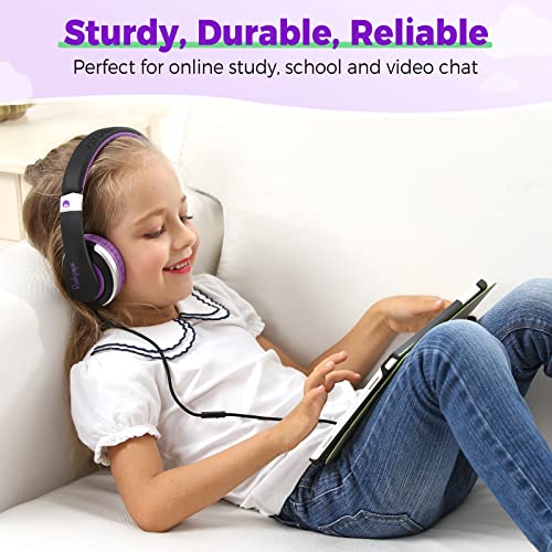 rockpapa I20 Foldable Kids Headphones with Microphone for School, Wired On-Ear Boys Girls Childrens Students Headphones Plug in for Tavel Laptop Computer PC Tablet CD DVD TV Black Purple