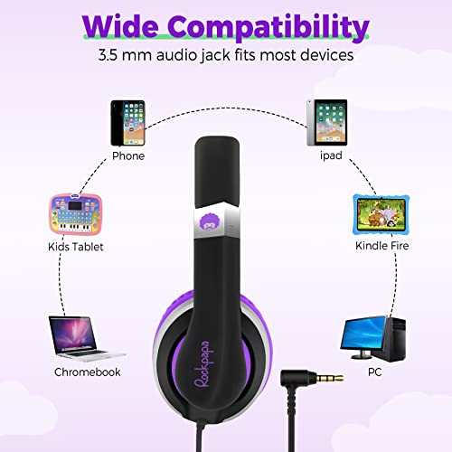 rockpapa I20 Foldable Kids Headphones with Microphone for School, Wired On-Ear Boys Girls Childrens Students Headphones Plug in for Tavel Laptop Computer PC Tablet CD DVD TV Black Purple