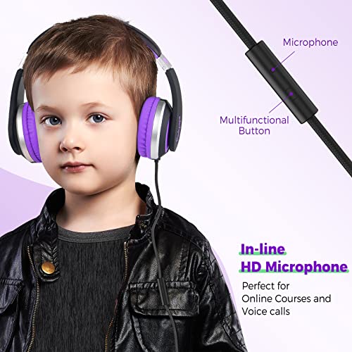 rockpapa I20 Foldable Kids Headphones with Microphone for School, Wired On-Ear Boys Girls Childrens Students Headphones Plug in for Tavel Laptop Computer PC Tablet CD DVD TV Black Purple