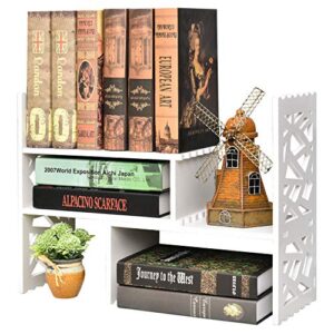 mygift white expandable desktop bookshelf organizer with 5 display shelves, small stationery storage shelf unit, college dorm desk book organizer