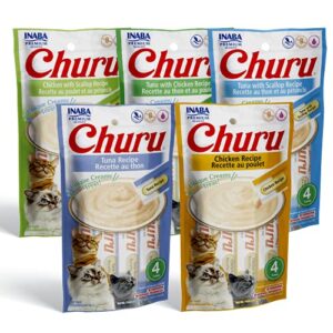 inaba churu cat treats, grain-free, lickable, squeezable creamy purée cat treat/topper with vitamin e & taurine 0.5 ounces each tube, 20 tubes, tuna & chicken variety