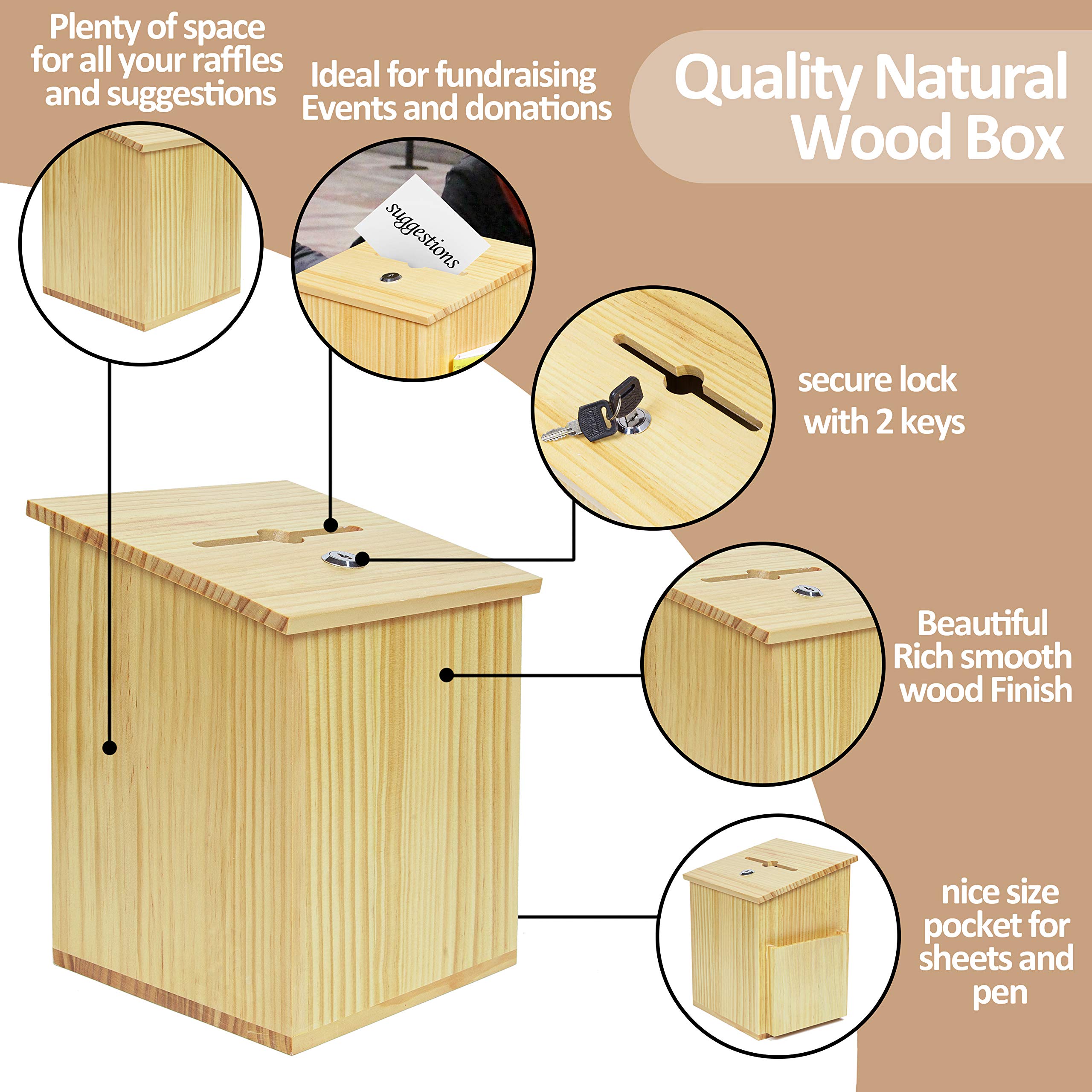 Finished Natural Wood Charity Donation & Suggestion Box Office Ballot Box with Pocket Comes with Locking Hinged Lid for Table Or Counter-top use (Natural Wood)