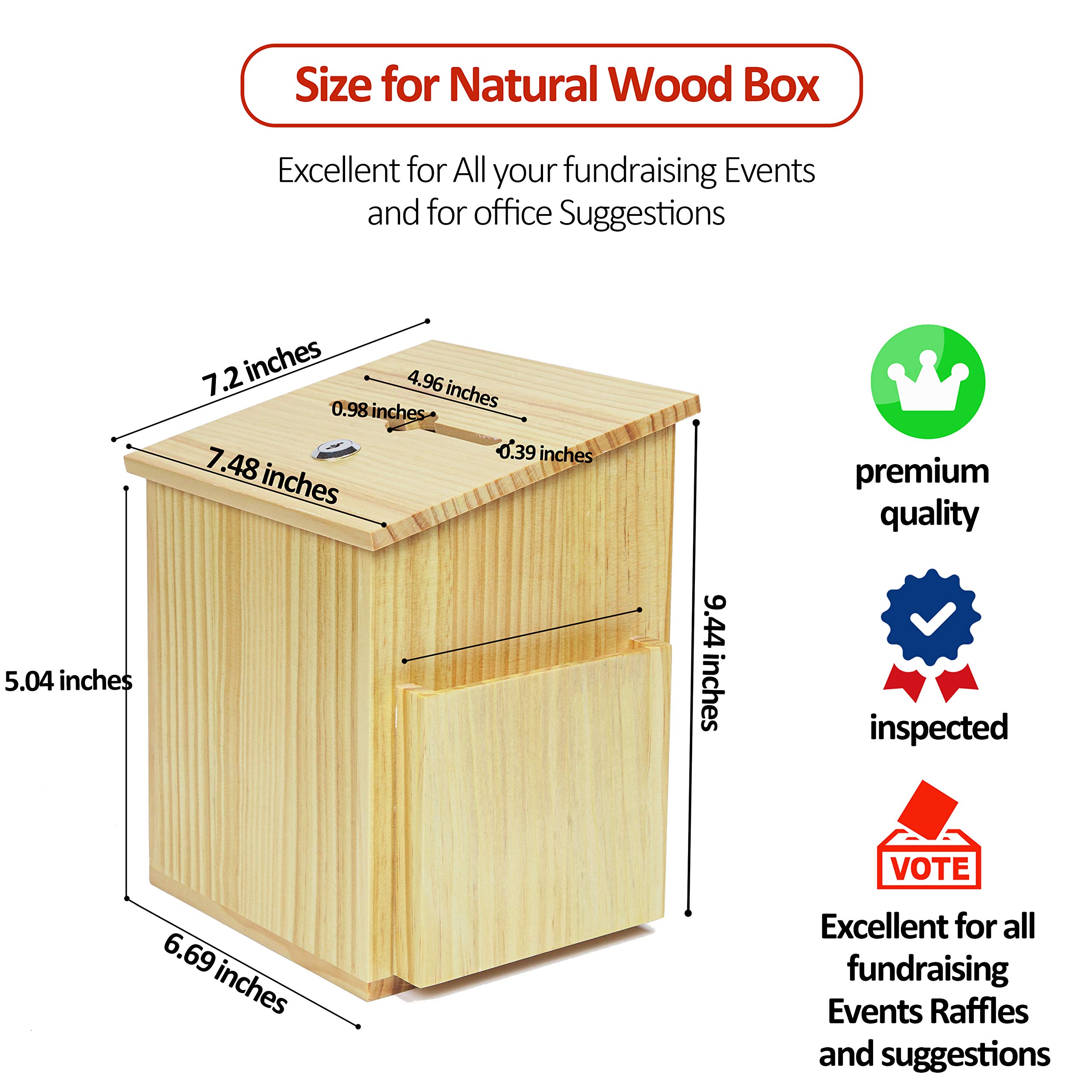 Finished Natural Wood Charity Donation & Suggestion Box Office Ballot Box with Pocket Comes with Locking Hinged Lid for Table Or Counter-top use (Natural Wood)