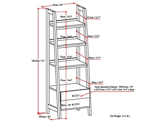 SIMPLIHOME Sawhorse SOLID WOOD 24 Inch Modern Industrial Ladder Shelf with Storage in Dark Chestnut Brown, For the Living Room, Study Room and Office