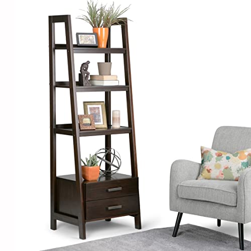 SIMPLIHOME Sawhorse SOLID WOOD 24 Inch Modern Industrial Ladder Shelf with Storage in Dark Chestnut Brown, For the Living Room, Study Room and Office