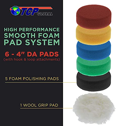 TCP Global 6 Pad Kit of 4" DA Polishing Pads with 5 Smooth Foam & 1 Wool Grip Pads - High Performance Brand - Buff, Polish & Detail Car Auto Paint - Boat Gelcoat, Fiberglass Polisher Pads