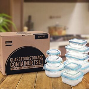 Utopia Kitchen Glass Food Storage Container Set - 18 Pieces (9 Containers and 9 Lids) - Transparent Lids - BPA Free (Blue, 18 Piece Set)