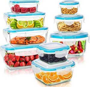 utopia kitchen glass food storage container set - 18 pieces (9 containers and 9 lids) - transparent lids - bpa free (blue, 18 piece set)