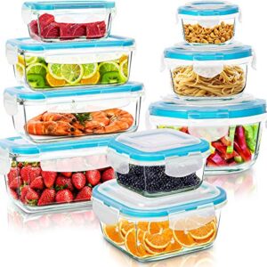 Utopia Kitchen Glass Food Storage Container Set - 18 Pieces (9 Containers and 9 Lids) - Transparent Lids - BPA Free (Blue, 18 Piece Set)