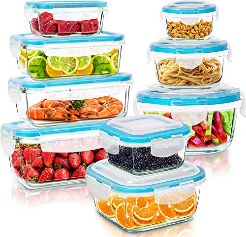 Utopia Kitchen Glass Food Storage Container Set - 18 Pieces (9 Containers and 9 Lids) - Transparent Lids - BPA Free (Blue, 18 Piece Set)