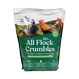 manna pro all flock crumbles | 16% protein level | complete feed for chickens, ducks, geese, turkeys and gamebirds | probiotics to support digestion | no artificial colors or flavors | 8 pounds white