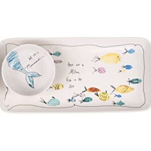 Creative Co-Op Coastal Rectangle Stoneware Platter with Dish, Mermaid, and Sea life Illustrations, Multicolor