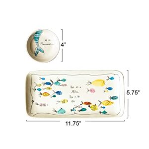 Creative Co-Op Coastal Rectangle Stoneware Platter with Dish, Mermaid, and Sea life Illustrations, Multicolor