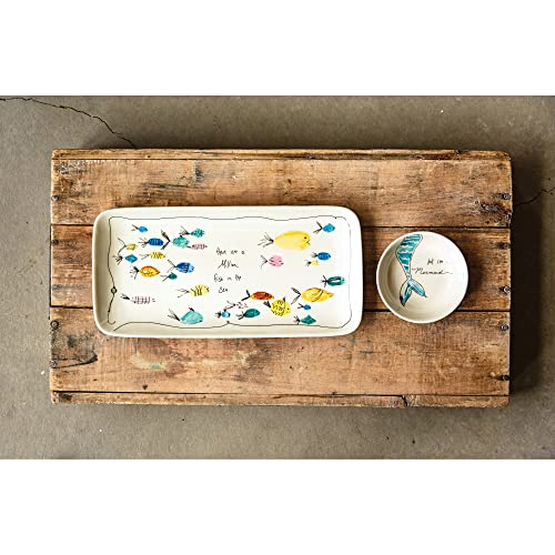 Creative Co-Op Coastal Rectangle Stoneware Platter with Dish, Mermaid, and Sea life Illustrations, Multicolor