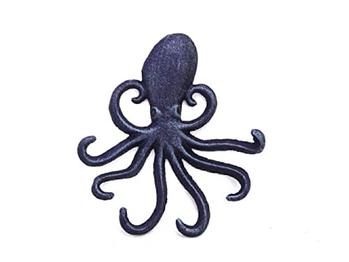 Handcrafted Nautical Decor Rustic Dark Blue Cast Iron Wall Mounted Decorative Octopus Hooks 7" - Cast Iron