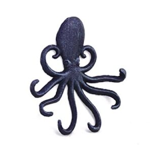 Handcrafted Nautical Decor Rustic Dark Blue Cast Iron Wall Mounted Decorative Octopus Hooks 7" - Cast Iron