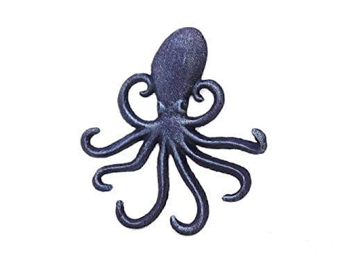 Handcrafted Nautical Decor Rustic Dark Blue Cast Iron Wall Mounted Decorative Octopus Hooks 7" - Cast Iron