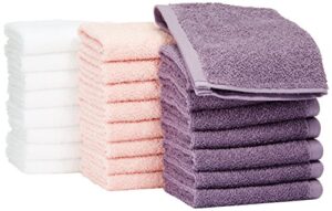 amazon basics fast drying, extra absorbent, terry cotton washcloth, pack of 24, petal pink, lavender, white, 12" x 12"