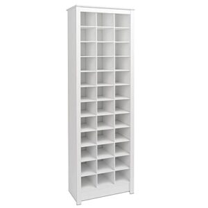 prepac space-saving 36 pair shoe storage cabinet with cubbies, 13"d x 23.5"w x 72.5"h, white