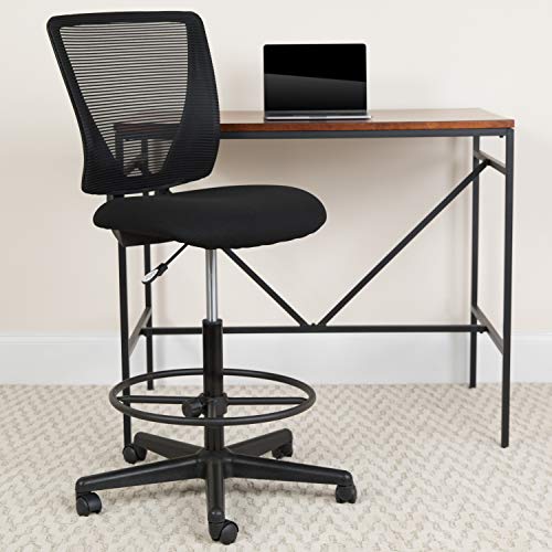 Flash Furniture Harper Ergonomic Mid-Back Mesh Drafting Chair with Black Fabric Seat and Adjustable Foot Ring