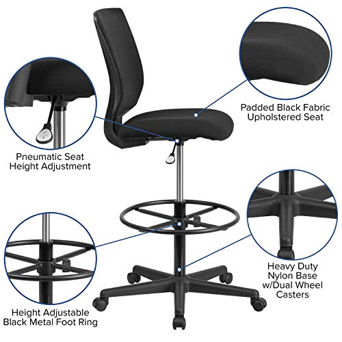 Flash Furniture Harper Ergonomic Mid-Back Mesh Drafting Chair with Black Fabric Seat and Adjustable Foot Ring