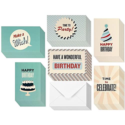 48 Pack Happy Birthday Cards Boxed with Envelopes Bulk, 6 Assorted Blank Retro Party Designs 4x6