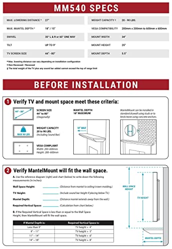 MantelMount MM540 - Above Fireplace Pull Down TV Mount for 40" to 80" Screen TVs to 90 lbs, with Patented auto-straightening, Adjustable Stops, Heat Sensor Handles & Paintable Covers