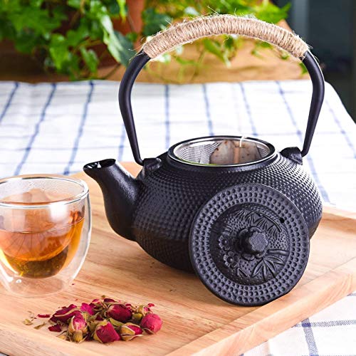 suyika Japanese Tetsubin Cast Iron Teapot Tea Kettle pot with Stainless Steel Infuser for Stovetop Safe Coated with Enameled Interior 22 oz/650 ml