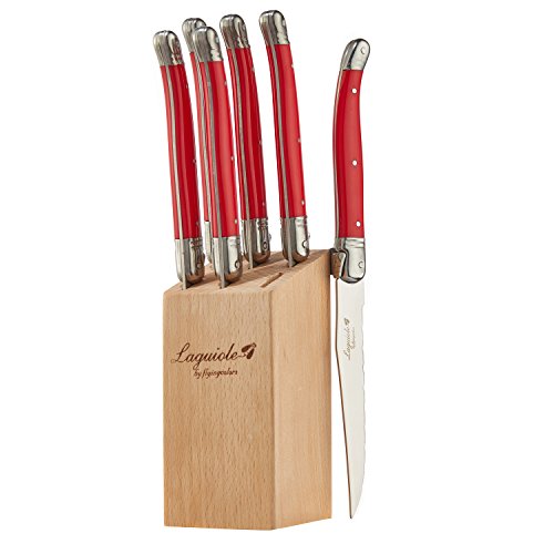 Laguiole By FlyingColors Steak Knife Set, Micro Serrated Blade, Stainless Steel, Wood Block, Red Color Handle, 6 Pieces (Red)