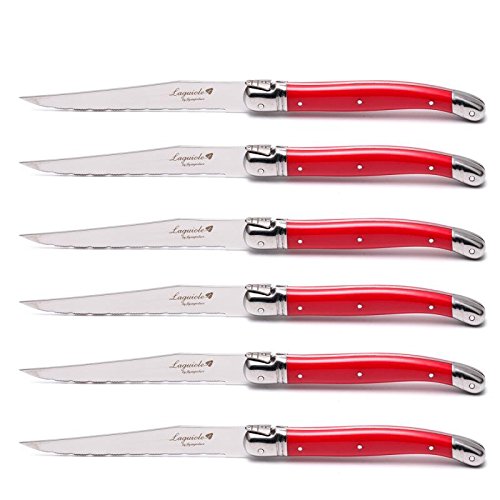 Laguiole By FlyingColors Steak Knife Set, Micro Serrated Blade, Stainless Steel, Wood Block, Red Color Handle, 6 Pieces (Red)