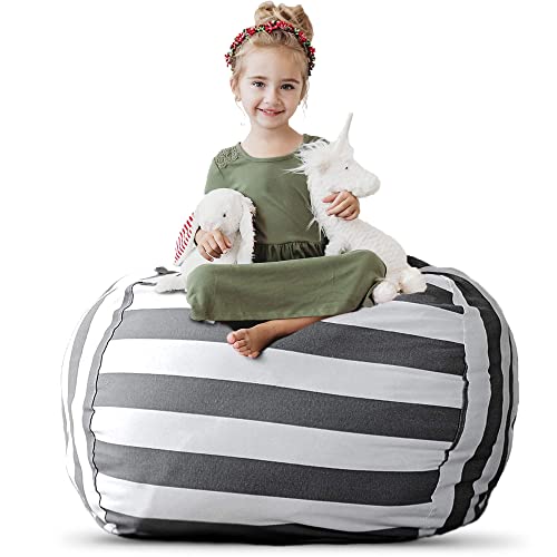 Creative QT Stuff ’n Sit Extra Large 38’’ Bean Bag Storage Cover for Stuffed Animals & Toys – Gray & White Stripe – Toddler & Kids’ Rooms Organizer – Giant Beanbag Great Plush Toy Hammock Alternative